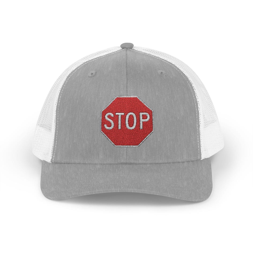 Stop Sign Snapback Trucker Cap - Red Traffic Sign Hat, Warning Symbol ...