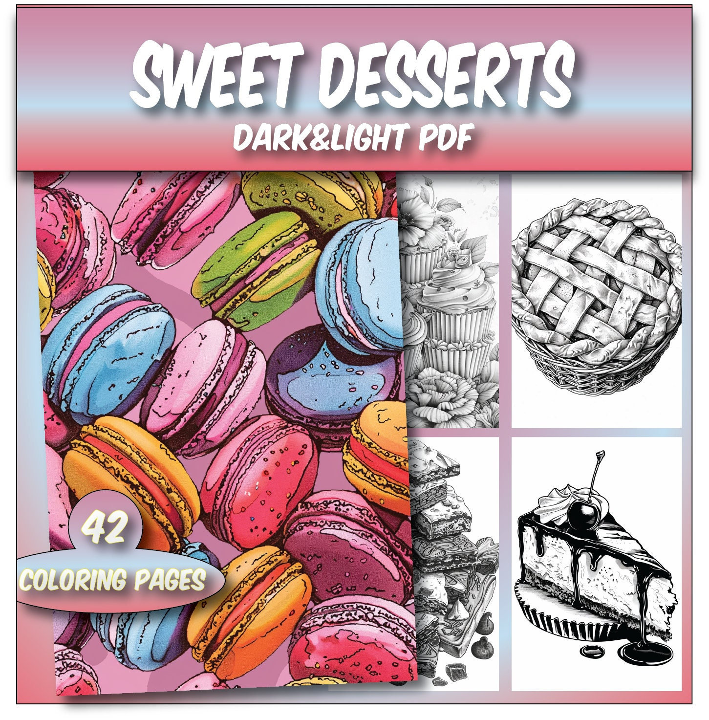 42 Sweet Desserts Coloring Pages,cakes Coloring Book, Grayscale Cookies ...