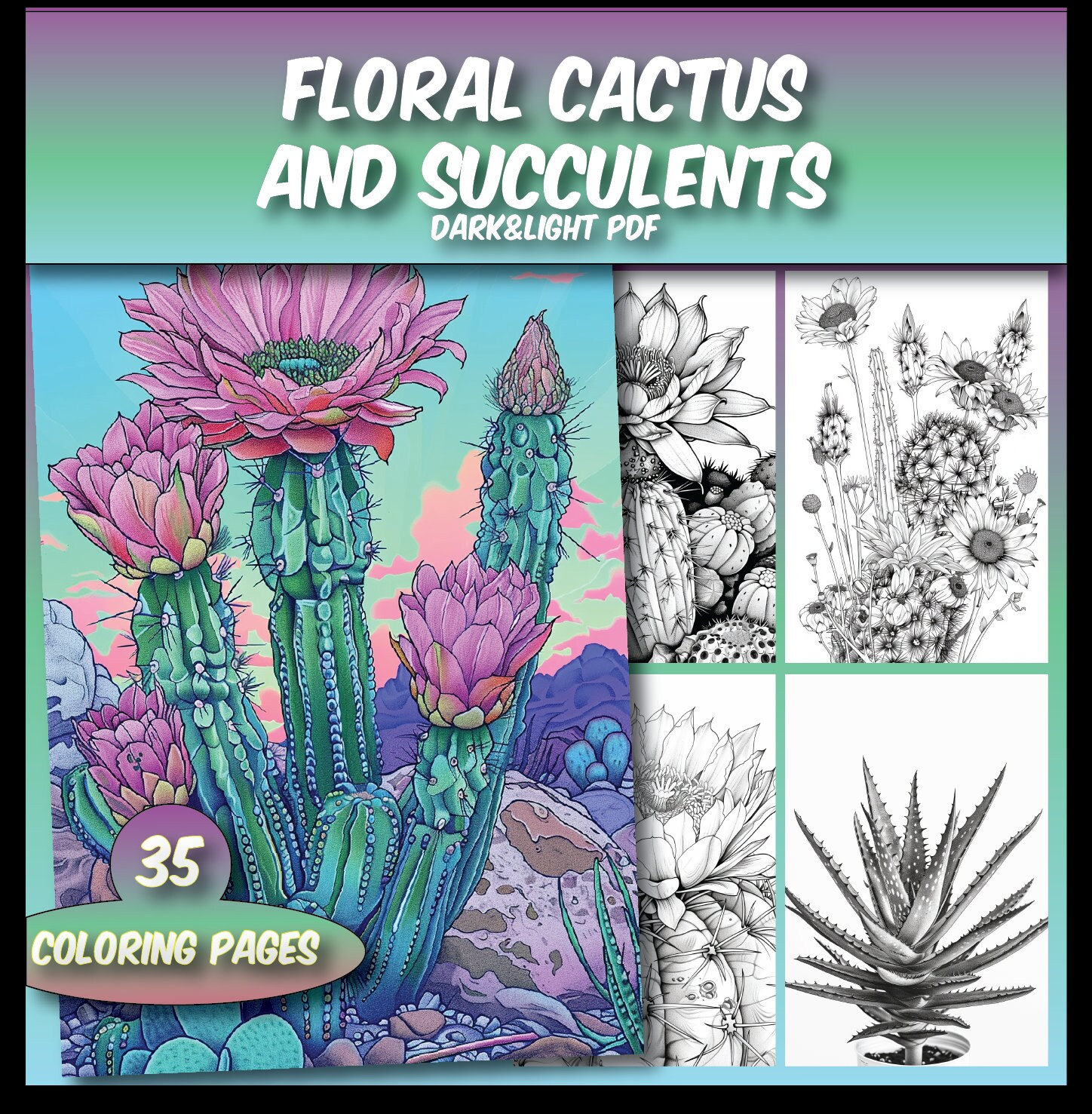 35 Succulents Coloring Pages, Cactus Coloring Pages, Floral Grayscale ...