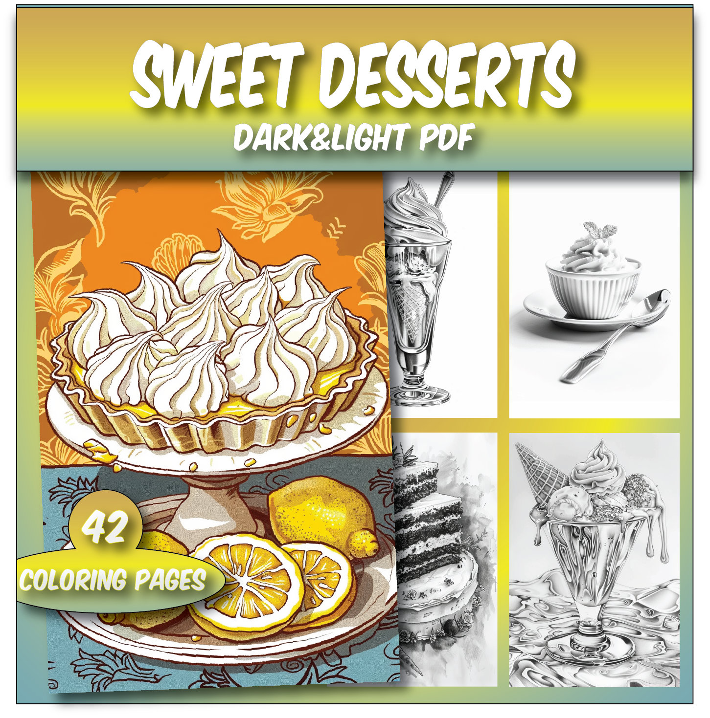42 Sweet Desserts Coloring Pages,cakes Coloring Book, Grayscale Cookies ...