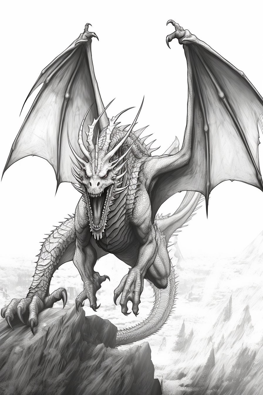 50 Gothic Dragons Coloring Pages ,grayscale Coloring Sheets, Adults ...