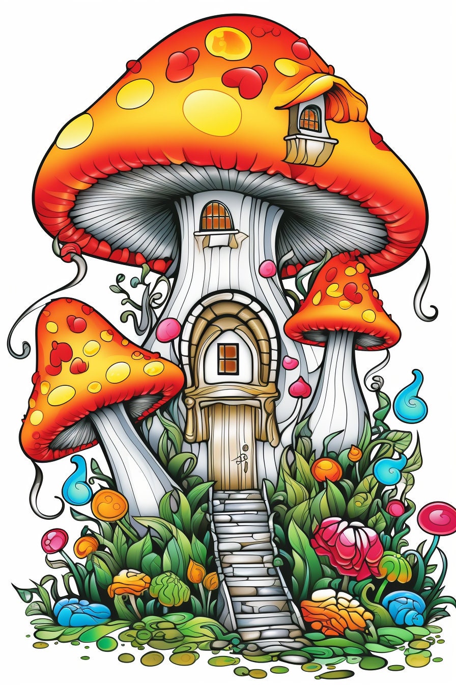 40 Fantasy Tiny Houses Coloring Pages for Adults, Beautiful Trippy ...