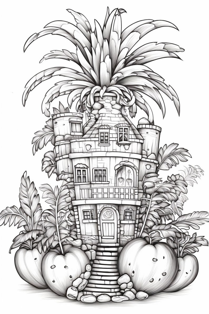 40 Fantasy Tiny Houses Coloring Pages for Adults, Beautiful Trippy ...