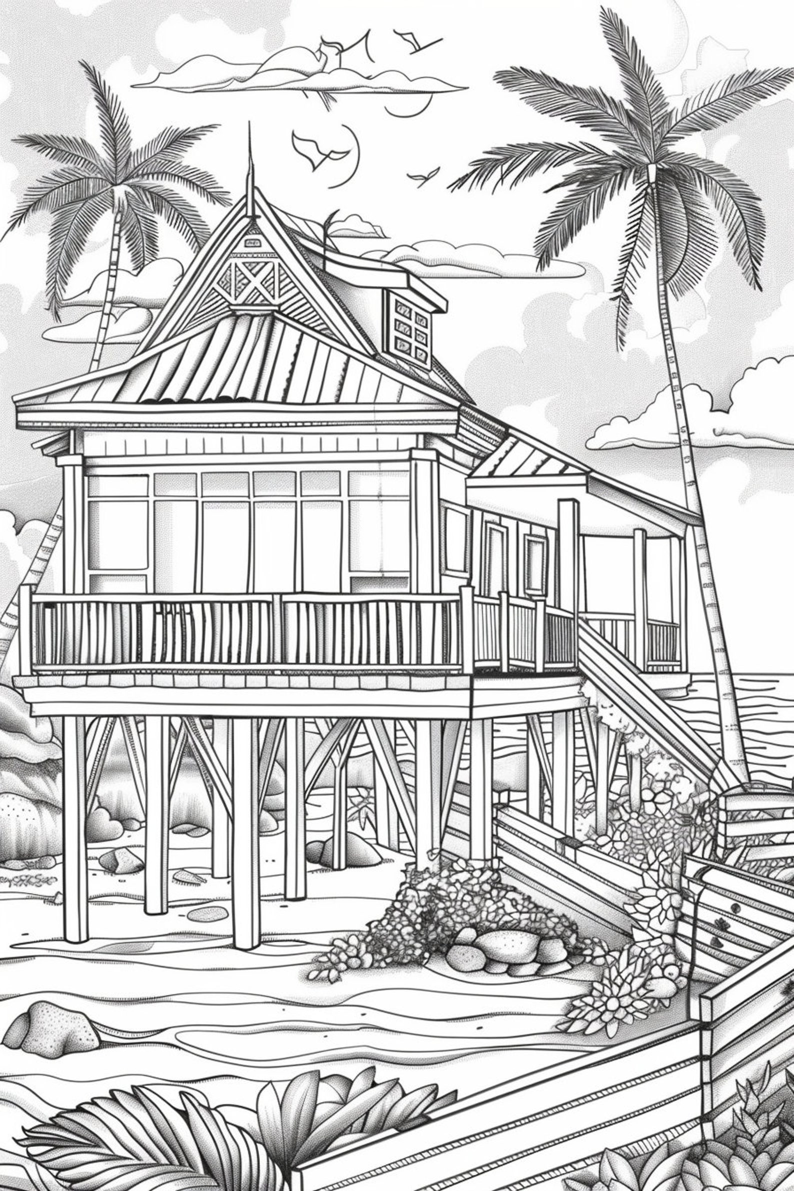 35 Beach House Coloring Pages,beach Villas Coloring Book, Architecture ...