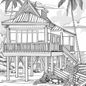35 Beach House Coloring Pages,beach Villas Coloring Book, Architecture ...