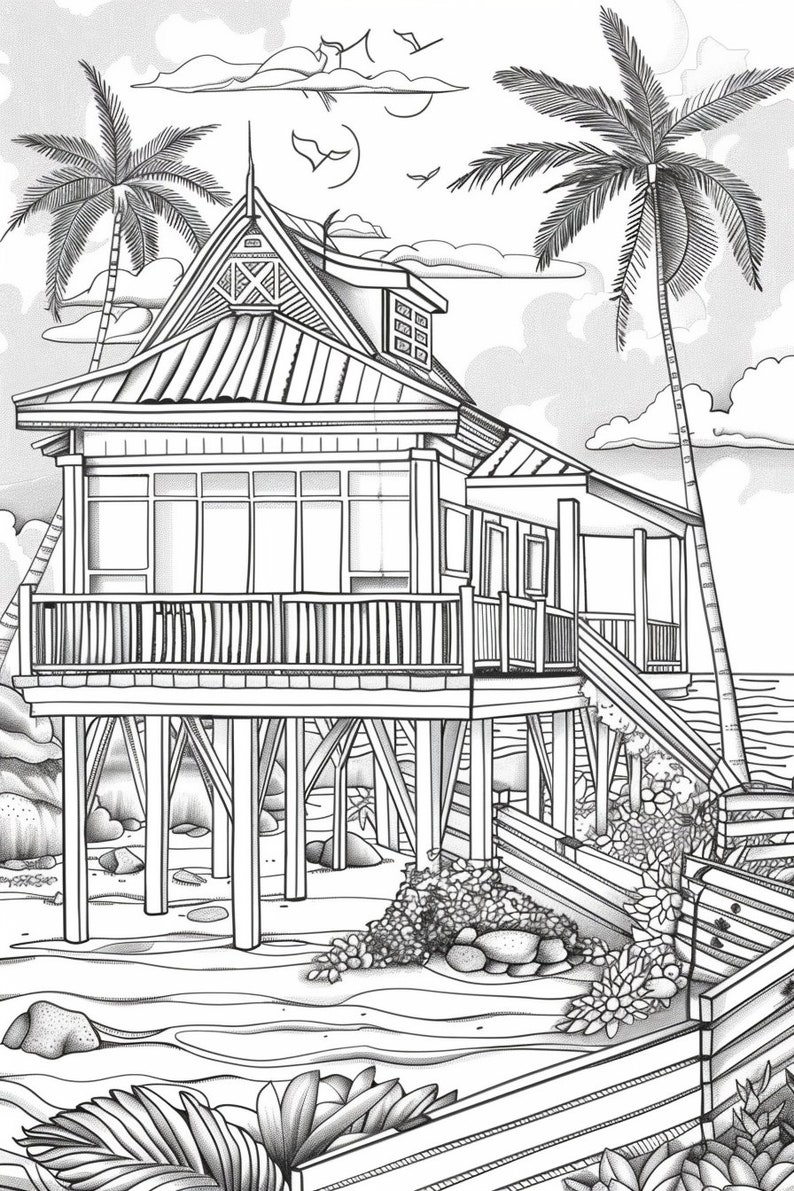 35 Beach House Coloring Pages,beach Villas Coloring Book, Architecture ...
