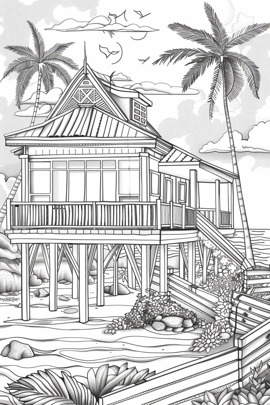 35 Beach House Coloring Pages,beach Villas Coloring Book, Architecture ...