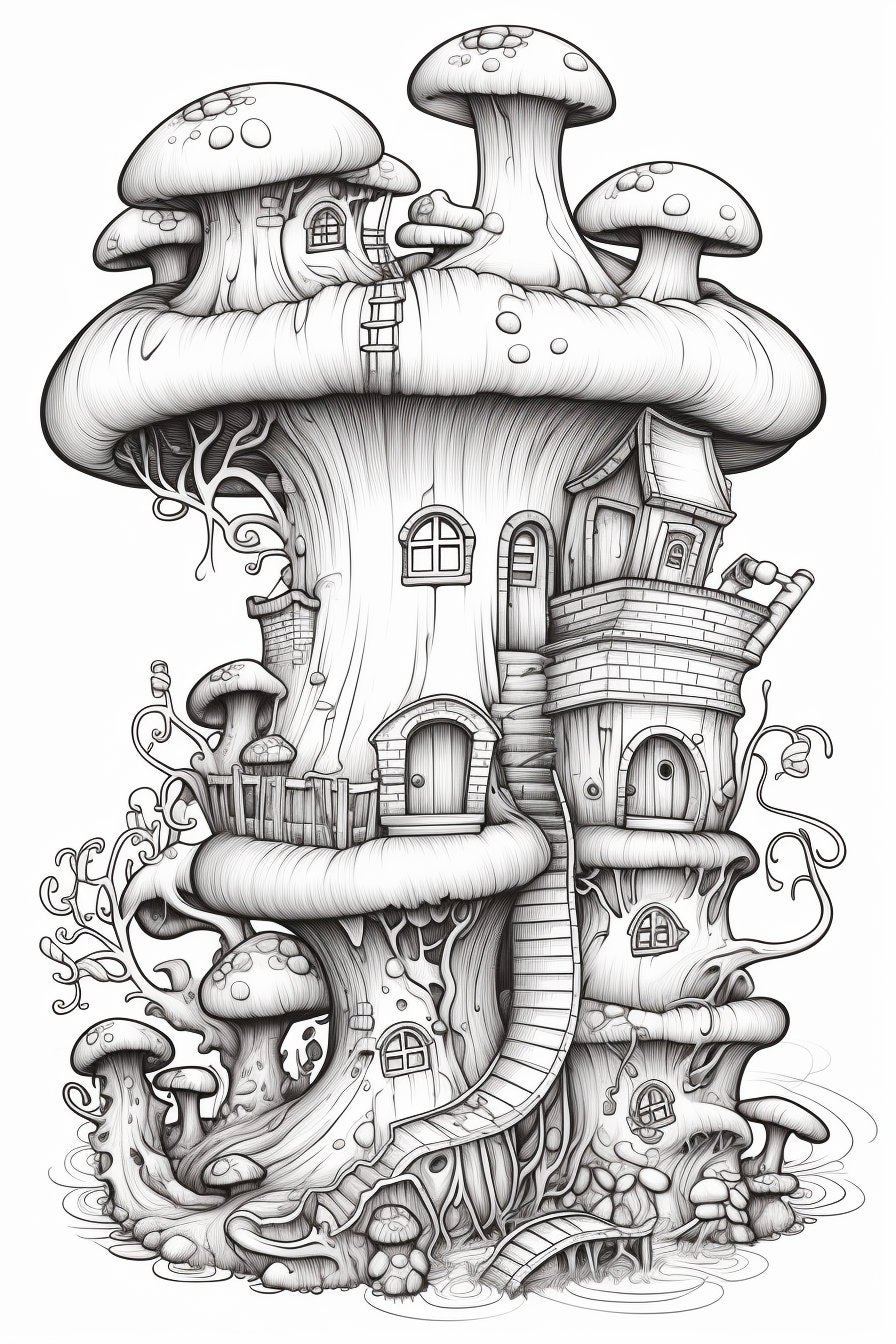 40 Fantasy Tiny Houses Coloring Pages for Adults, Beautiful Trippy Houses Coloring Sheets ...