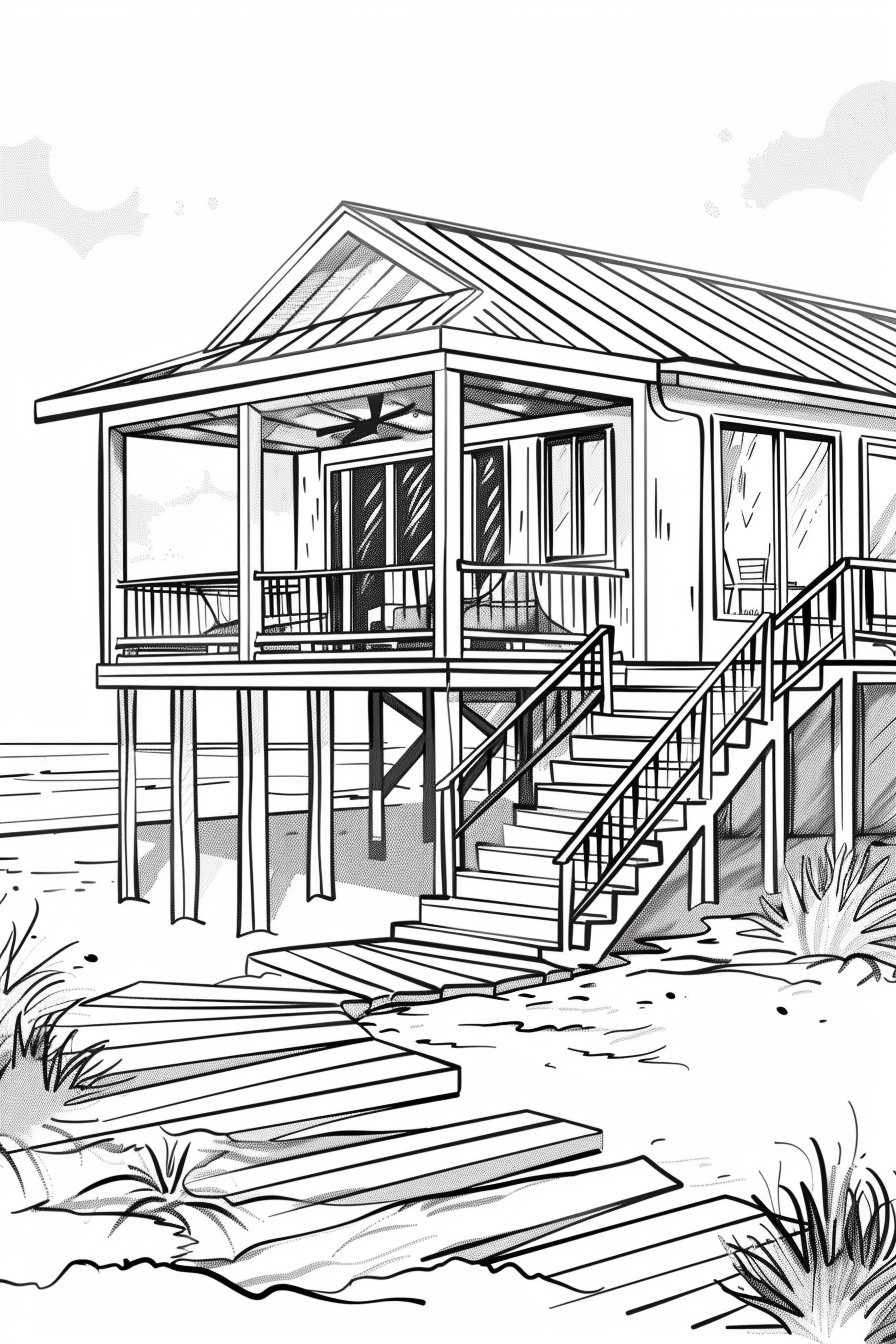 35 Beach House Coloring Pages,beach Villas Coloring Book, Architecture ...