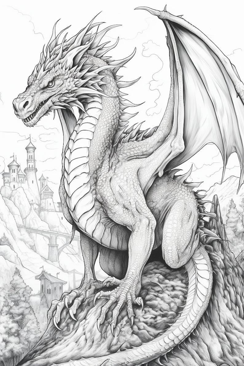 50 Gothic Dragons Coloring Pages Vol. 2 - Grayscale Printable for ...