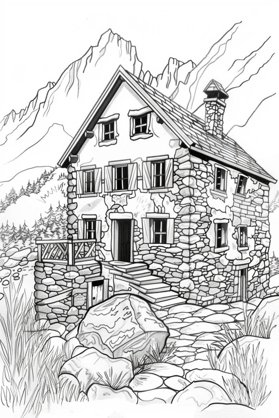 Tranquil Retreats:45 Stone House Coloring Pages for Stress Relief ...