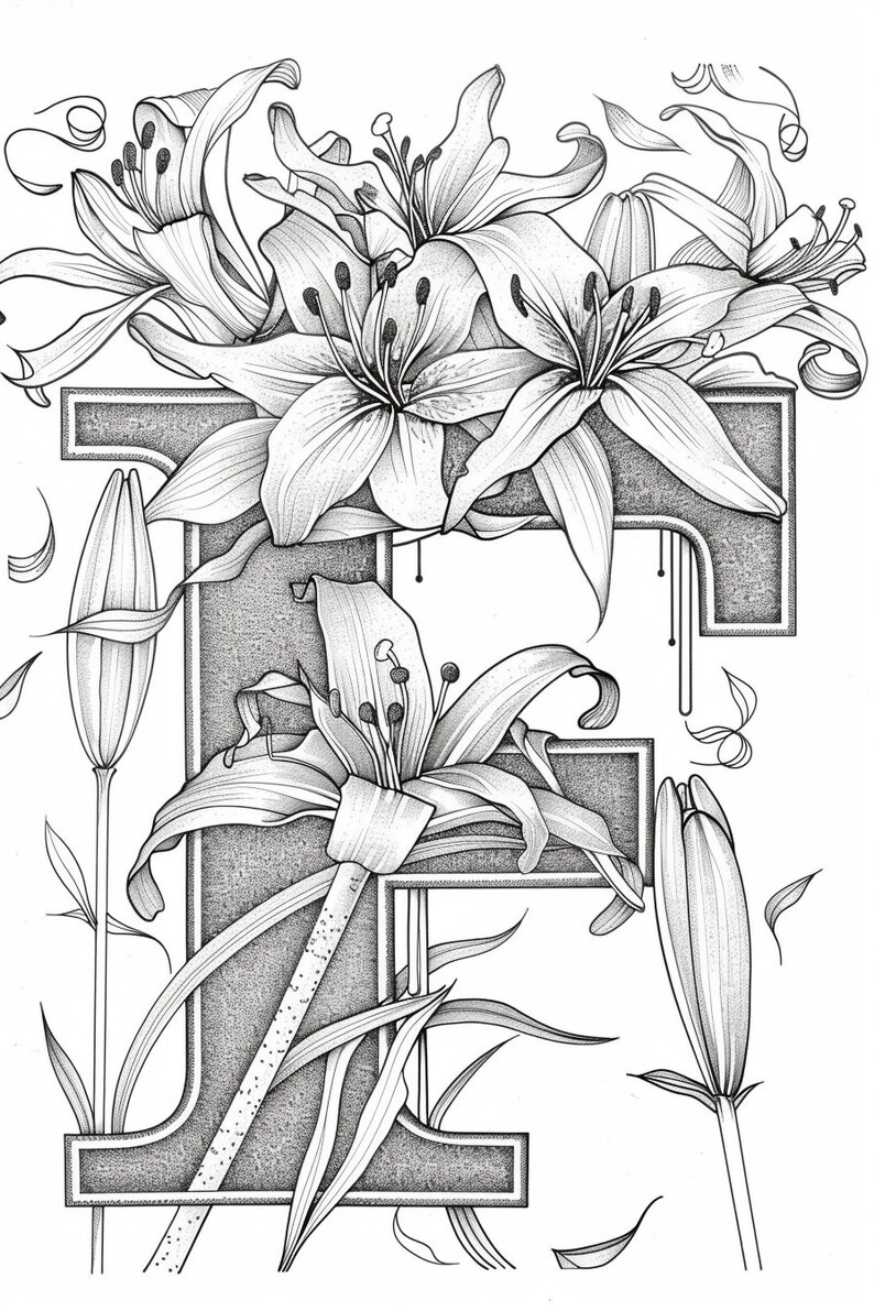 Floral Alphabet: 26 Grayscale Floral Alphabet Coloring Collection for ...