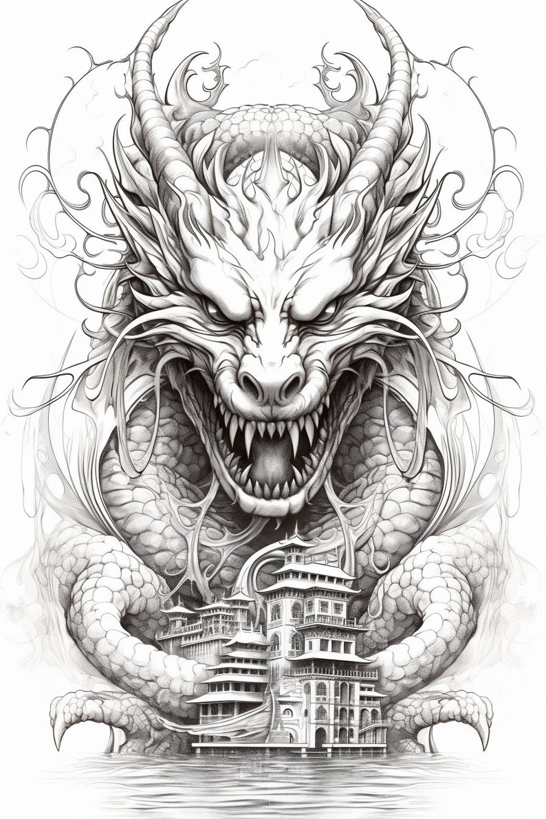 50 Gothic Dragons Coloring Pages Vol.2 ,greyscale Printable,adults ...