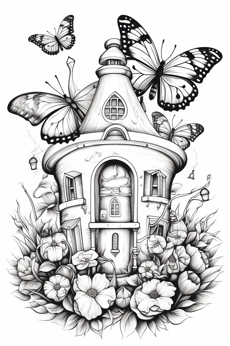 40 Fantasy Tiny Houses Coloring Pages for Adults, Beautiful Trippy ...