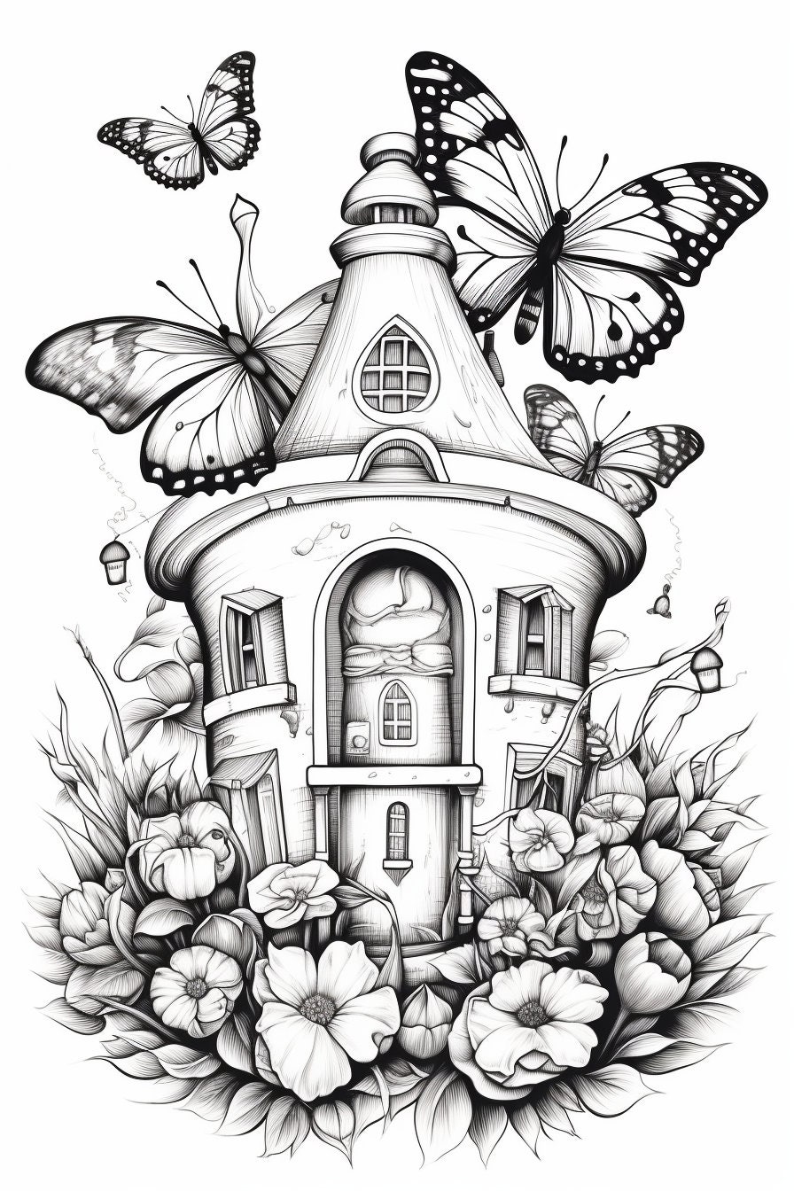 40 Fantasy Tiny Houses Coloring Pages for Adults, Beautiful Trippy ...