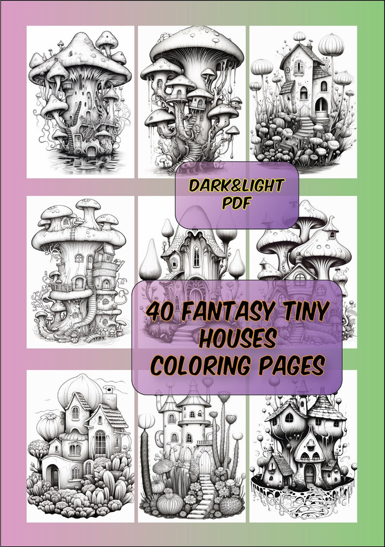 40 Fantasy Tiny Houses Coloring Pages for Adults, Beautiful Trippy ...