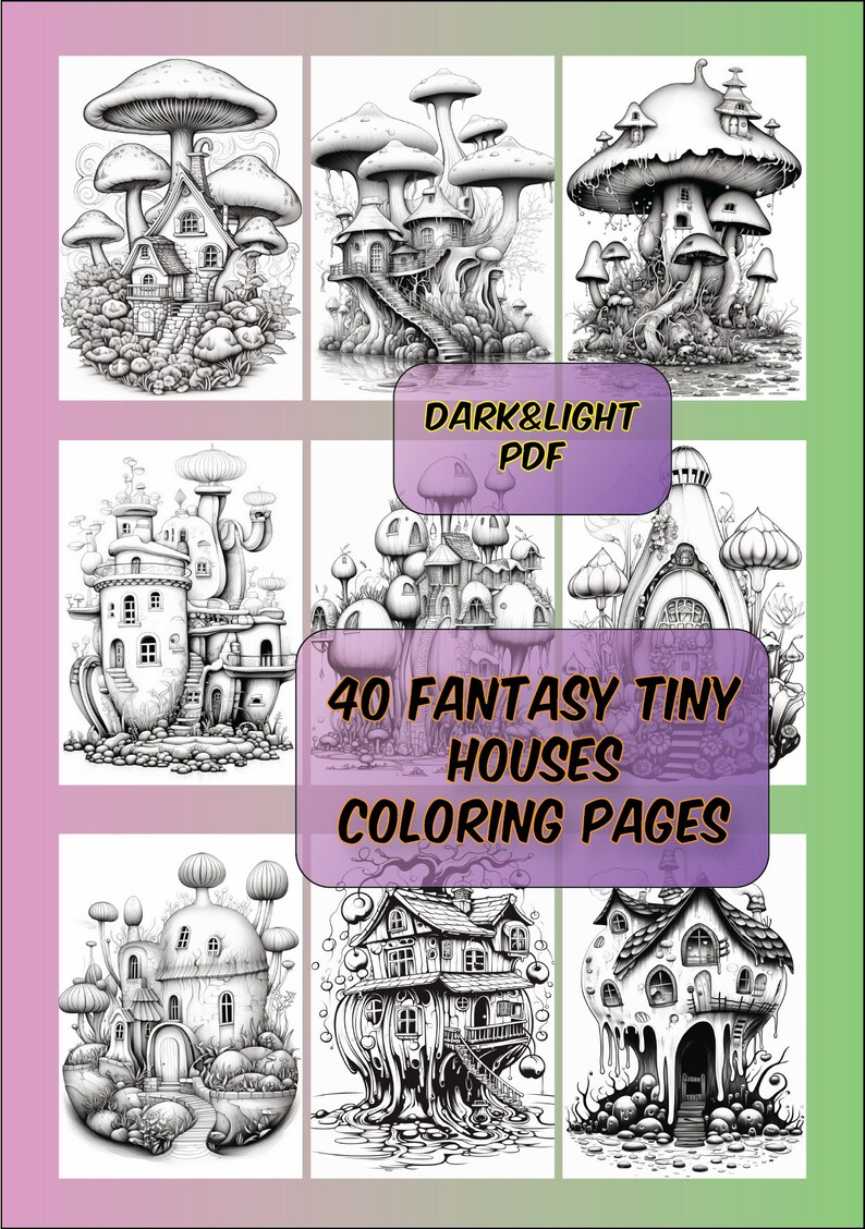40 Fantasy Tiny Houses Coloring Pages for Adults, Beautiful Trippy ...