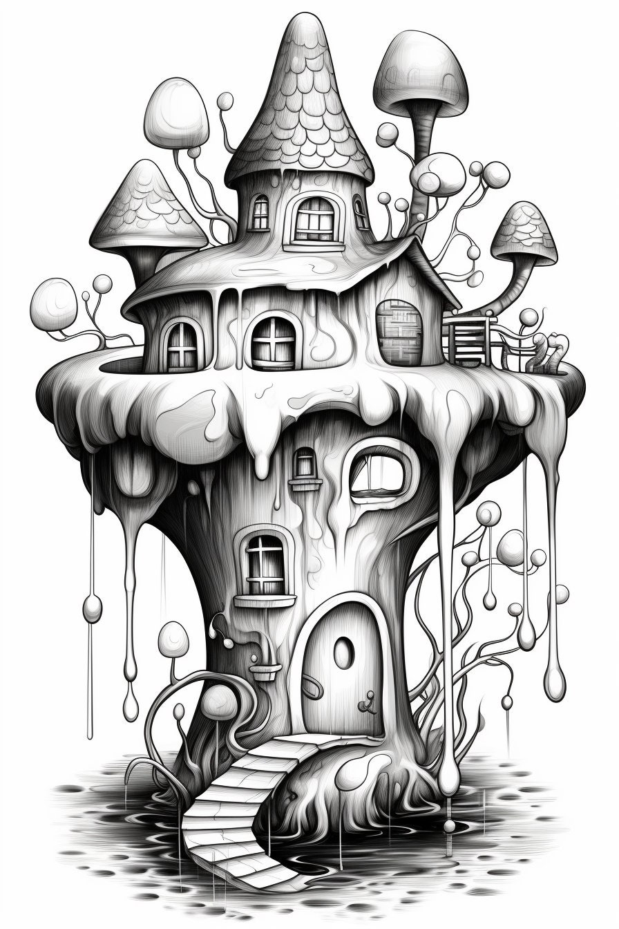 40 Fantasy Tiny Houses Coloring Pages for Adults, Beautiful Trippy ...