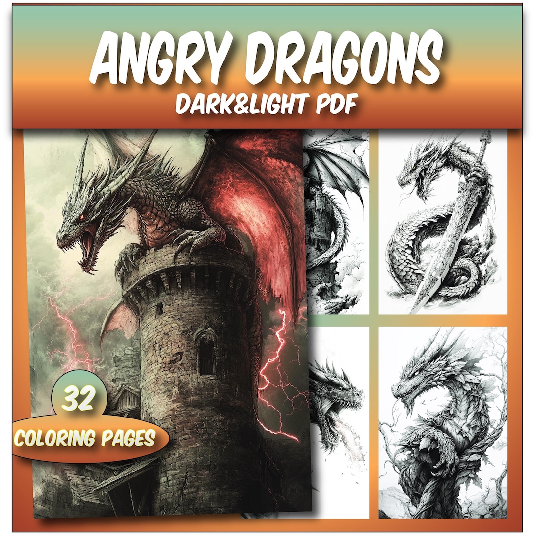 32 Angry Dragons Coloring Pages, Grayscale Coloring Sheets, Adults ...