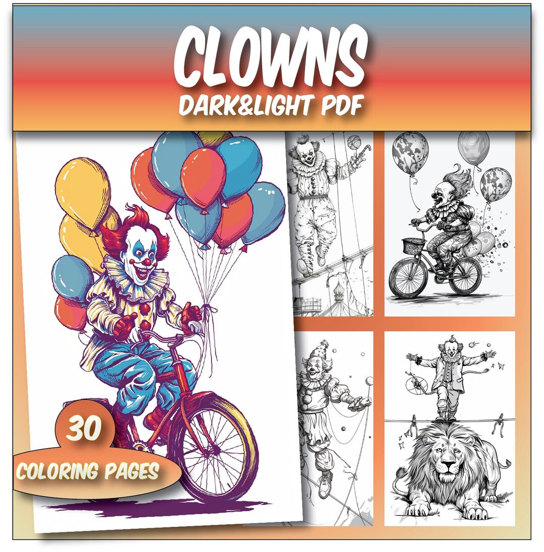 30 Clowns Coloring Pages, Grayscale Coloring Book, Circus Clowns ...