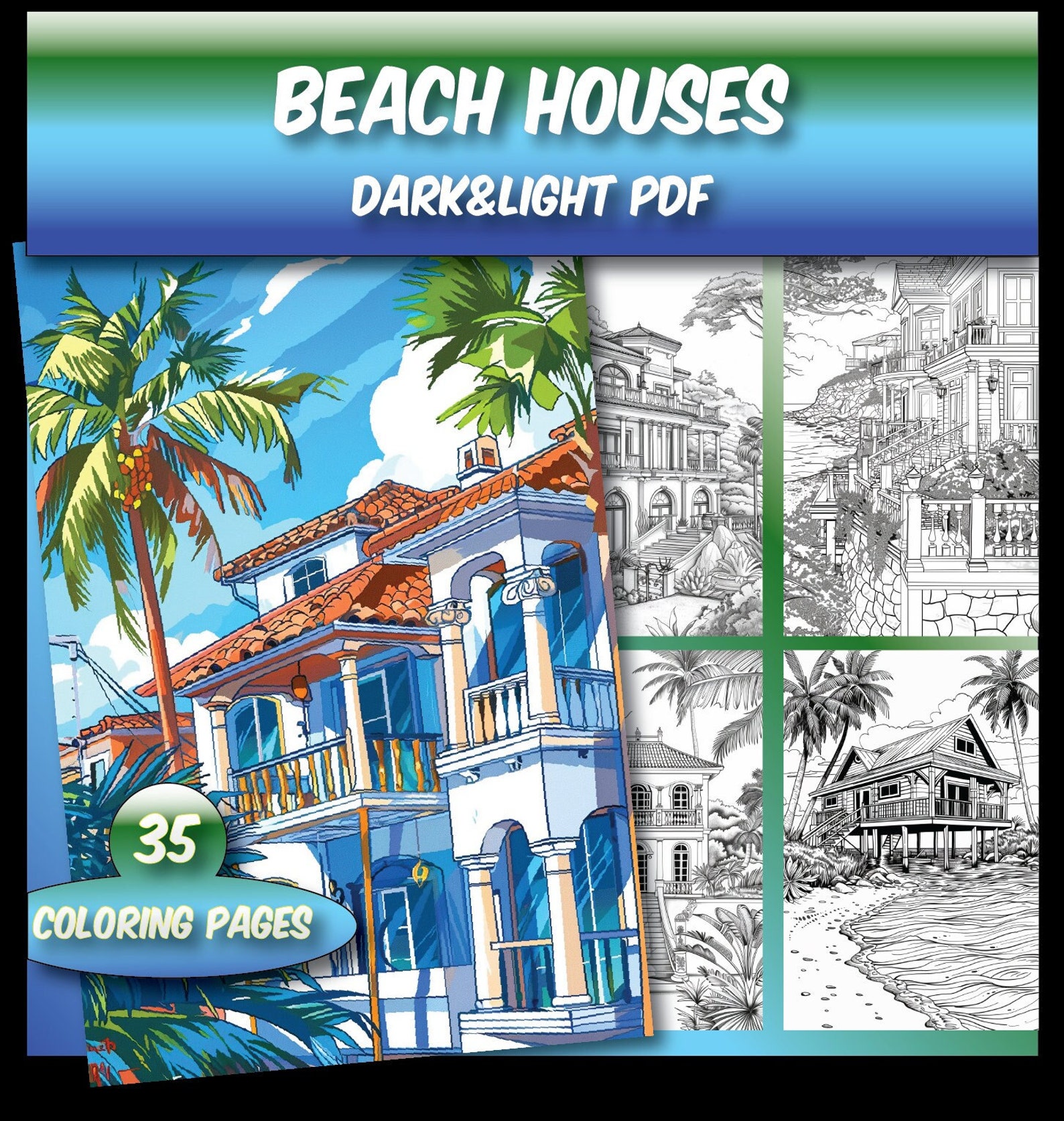 35 Beach House Coloring Pages,beach Villas Coloring Book, Architecture ...