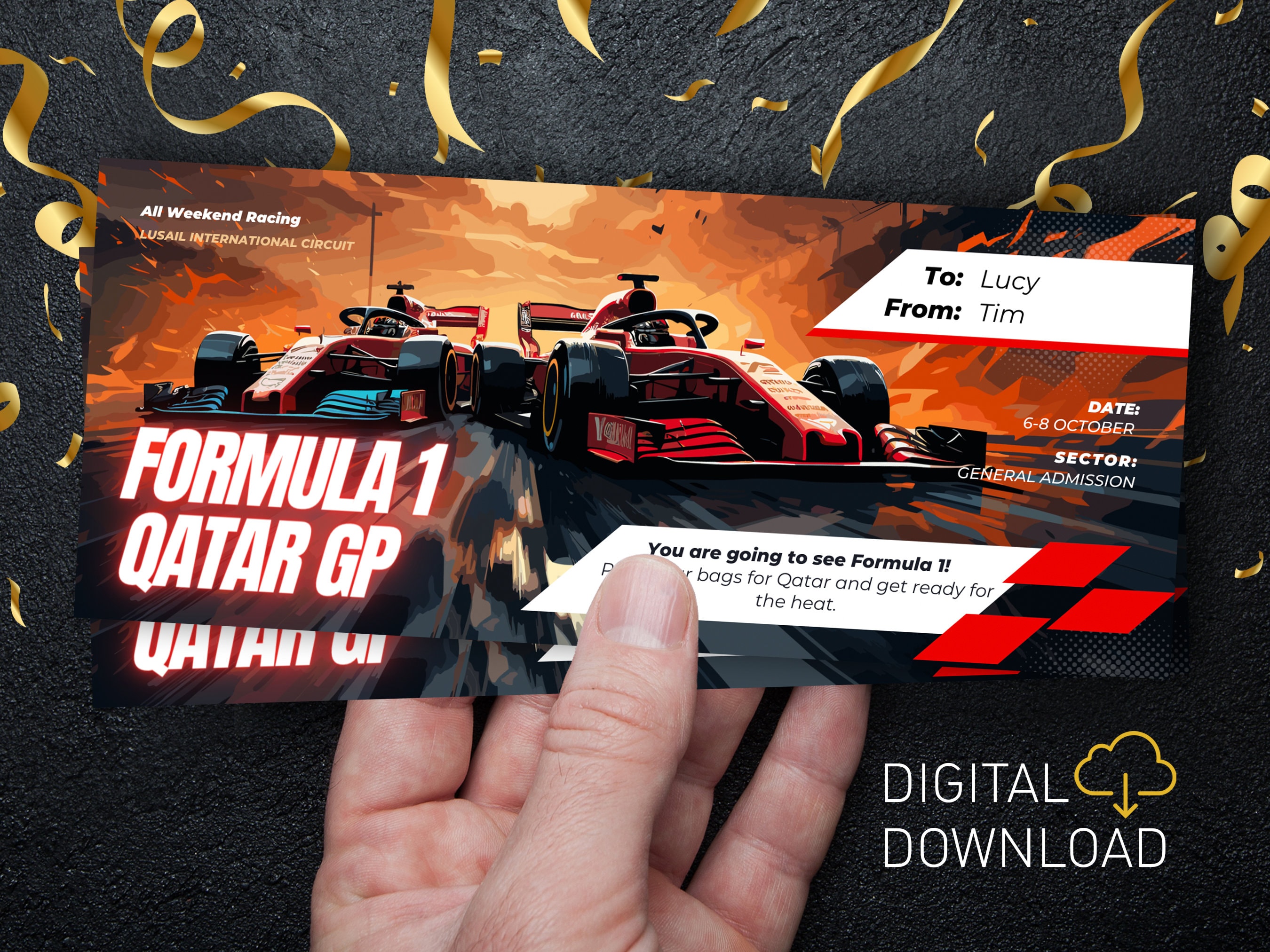 Editable Formula Ticket Qatar Race GP Custom Formula Digital Template Surprise Gift Ticket for a ...