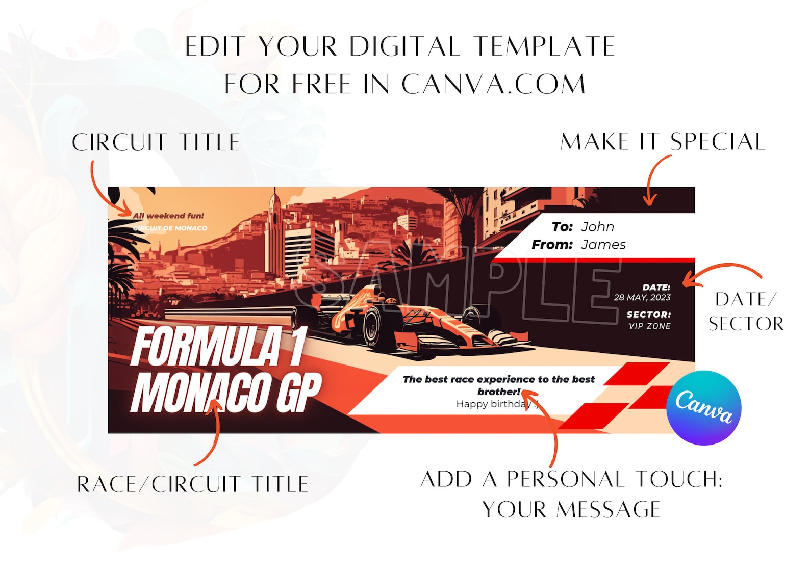 Editable Formula Ticket Monaco Race Gp Custom Formula Digital Template Surprise Gift Ticket for ...