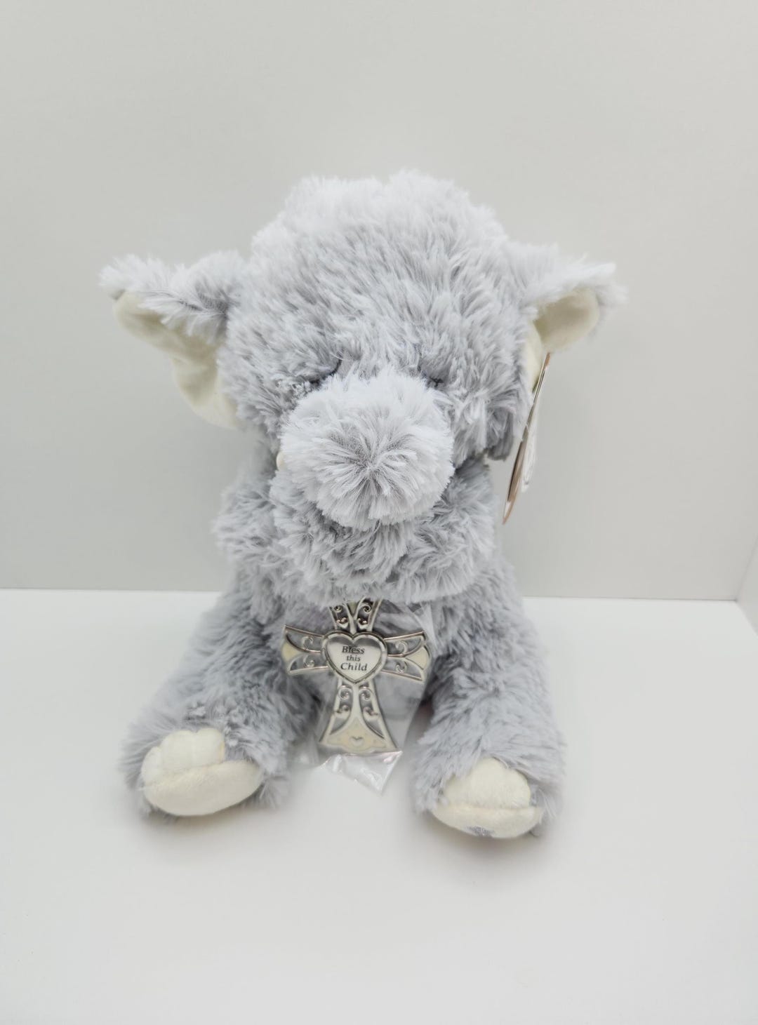 Vintage GANZ Serenity Elephant With Silver Crib Cross Plush (12 Inch ...