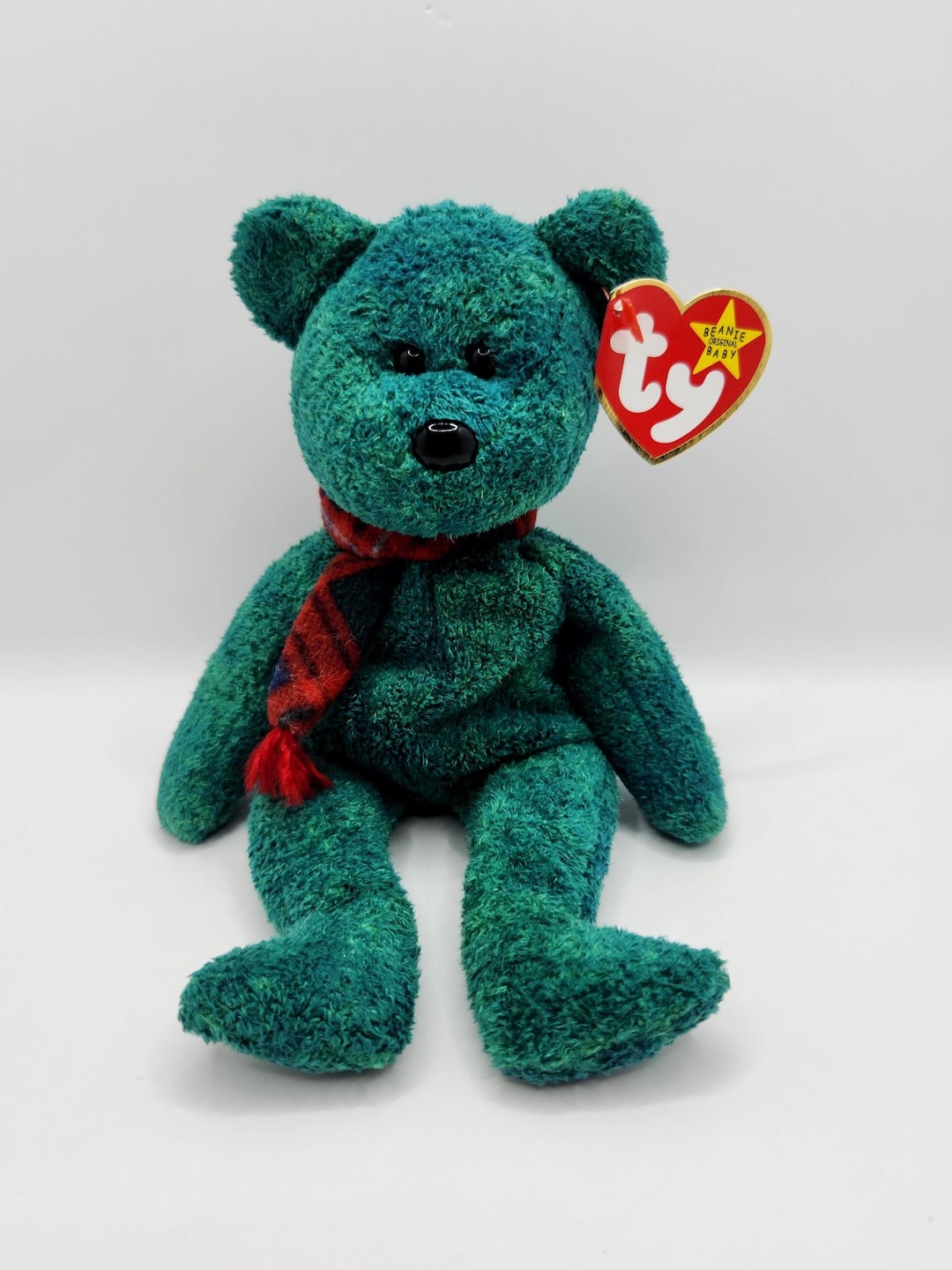 Vintage Ty Beanie Baby "wallace" the Green Bear Wearing A Plaid Scarf ...