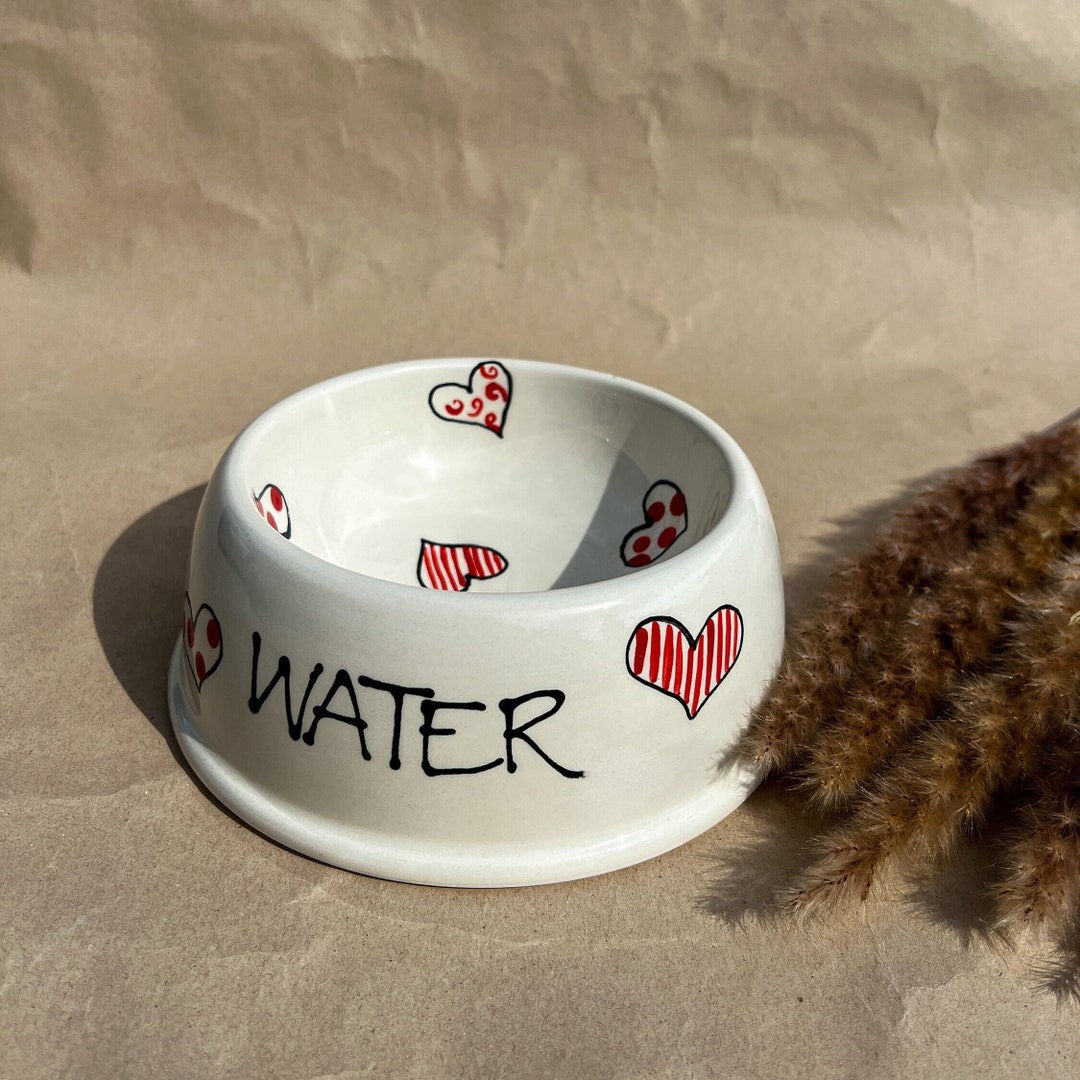 Small Bolt 'water' Dog Bowl - Heart & Paw Print Ceramic Drinking Dish ...