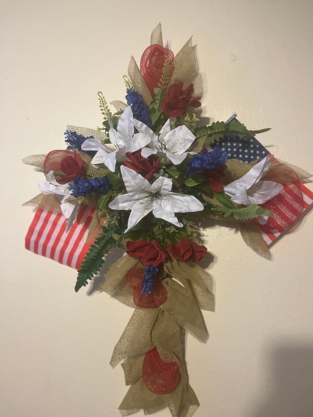 Patriotic Cross Tan Wreath With Red White and Blue Accents - Etsy