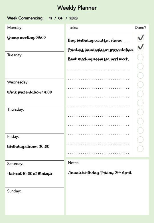 Weekly Planner | Printable PDF | A3,A4,A5 | No Dates | Simple Design - Etsy