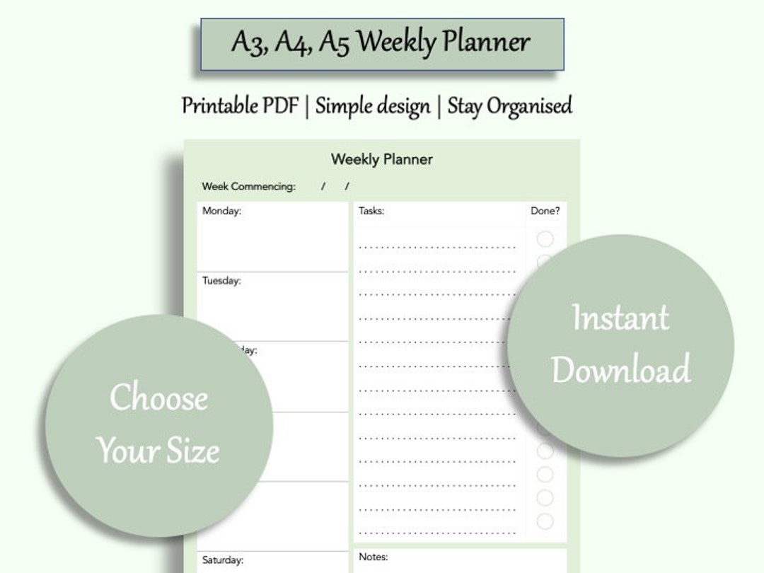 Weekly Planner | Printable PDF | A3,A4,A5 | No Dates | Simple Design - Etsy