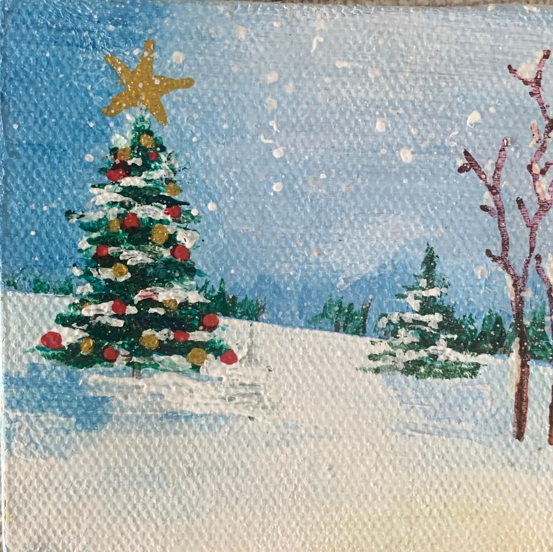 Mini Canvas Winter Scene Christmas Ornament Hand Painted Original Small ...