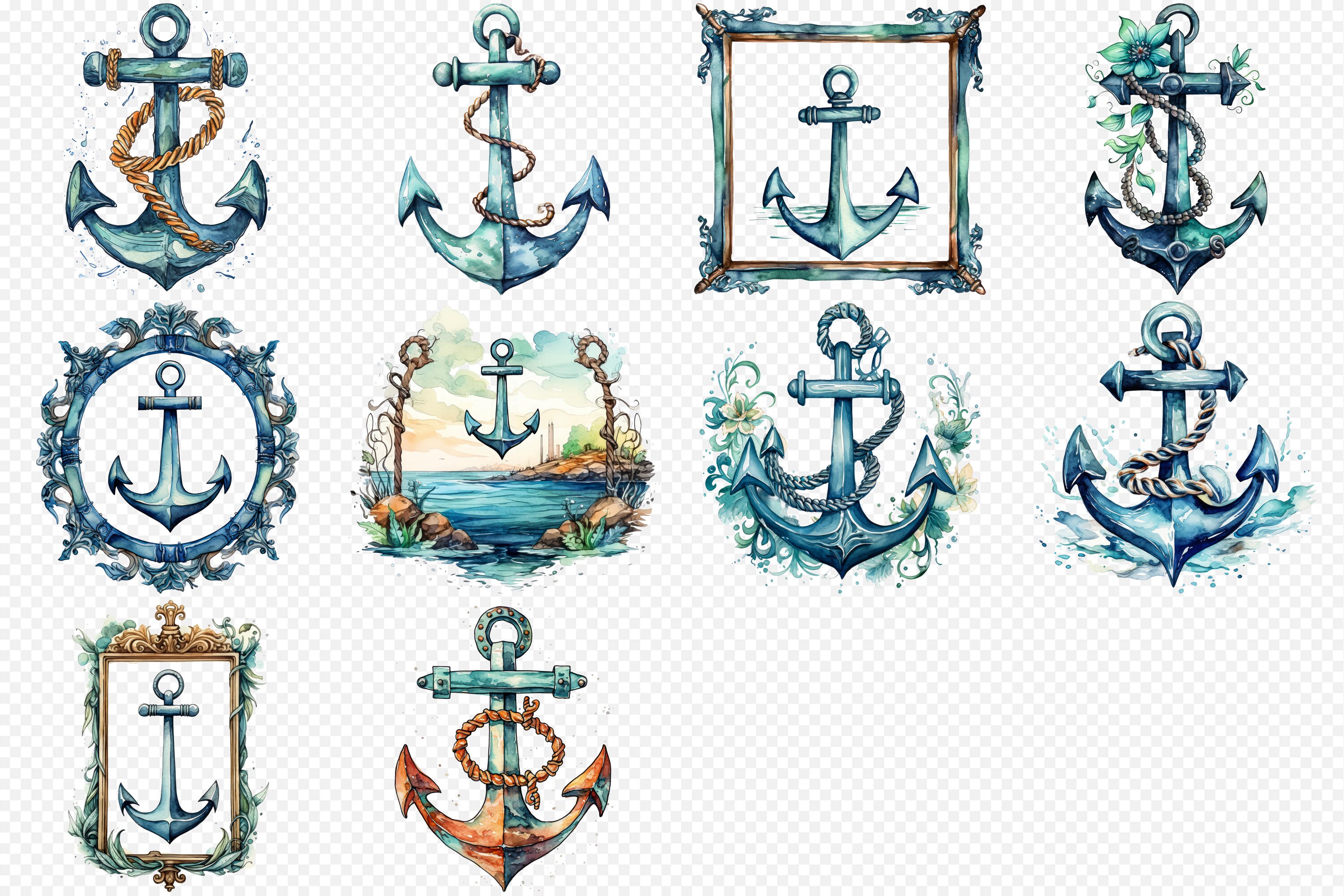 Nautical Anchor Clipart Set, 46 Marine Theme Digital Graphics, Ocean ...