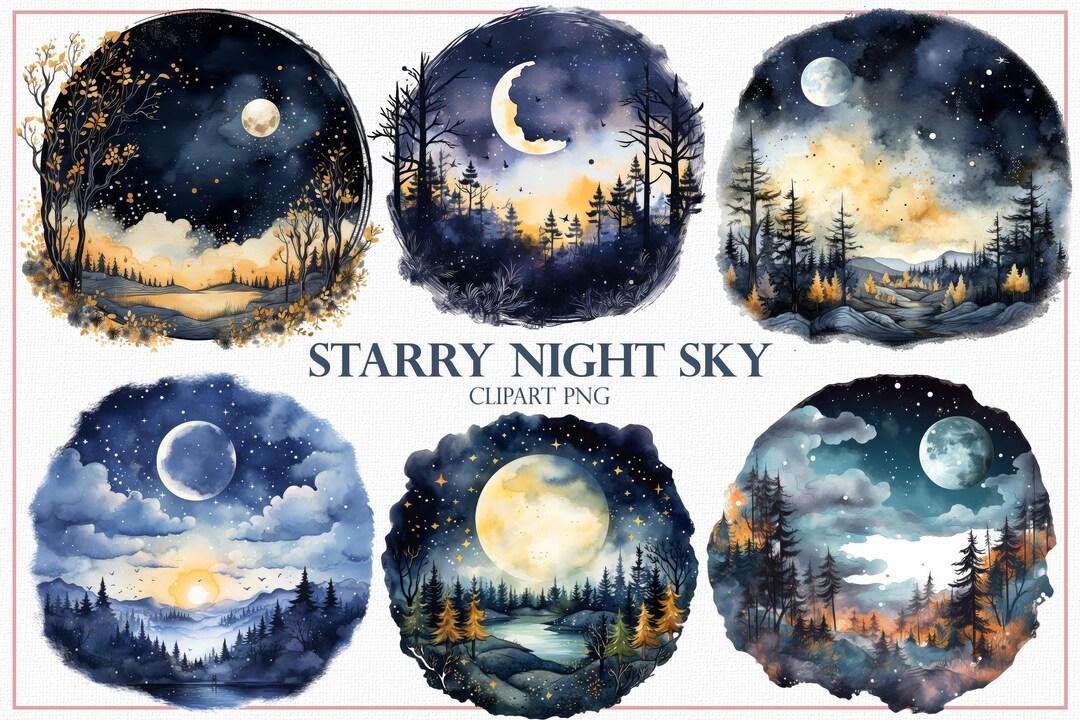 Starry Night Sky Watercolor Clipart, 24 Moon and Stars Landscape Pngs ...