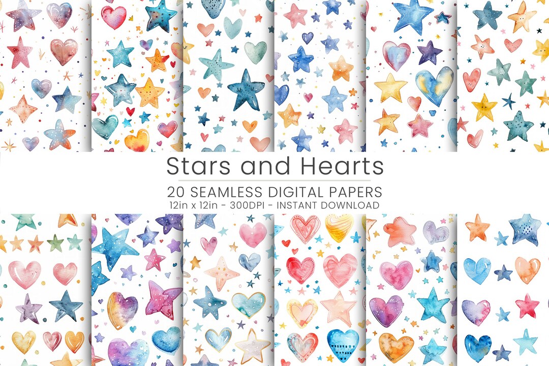 20 Stars and Hearts Digital Paper,repeatable, JPG, Scrapbooking Art ...