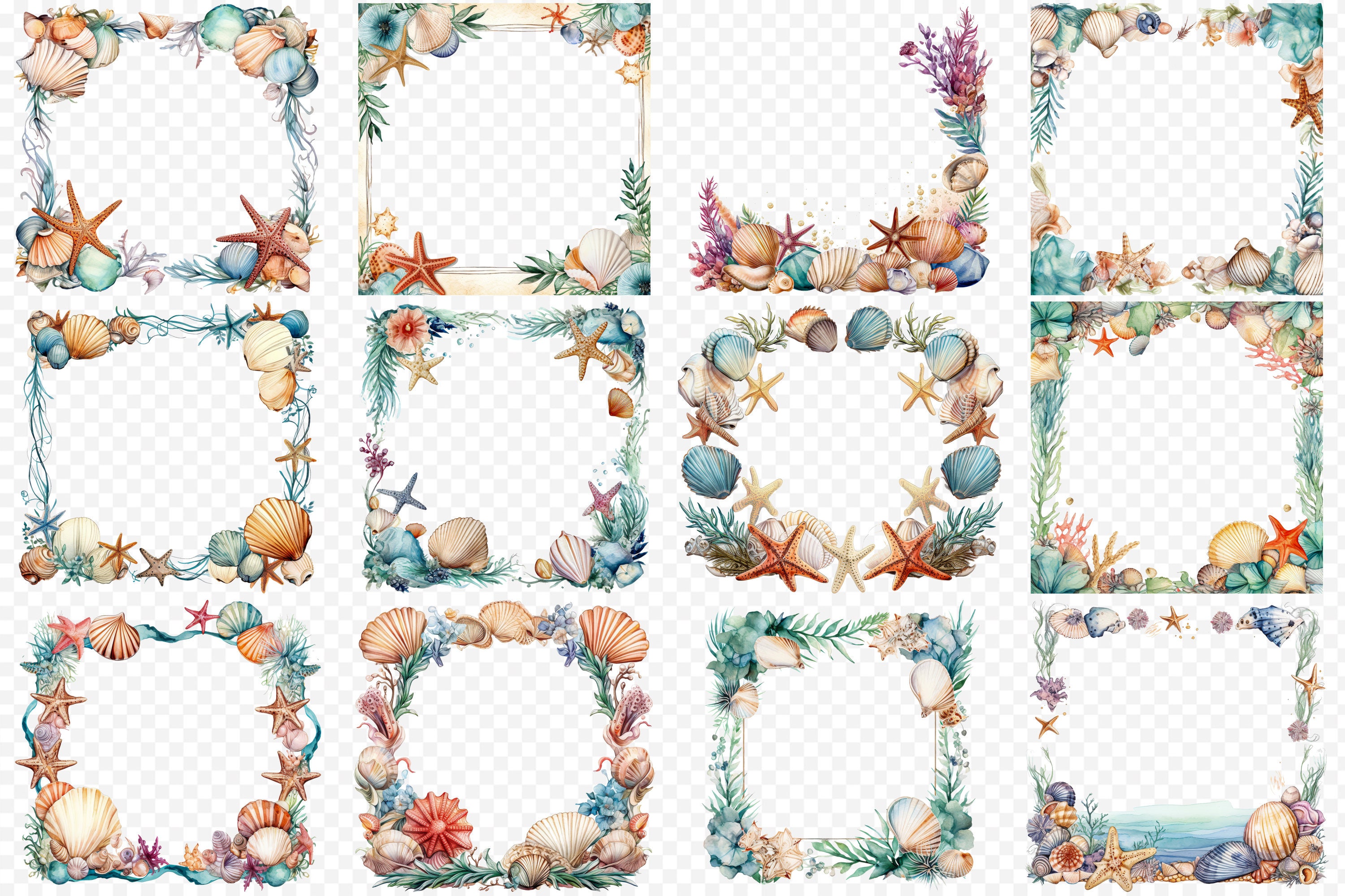 Seashell Border Frame Clipart 35 PNG Designs for Beach Crafts ...