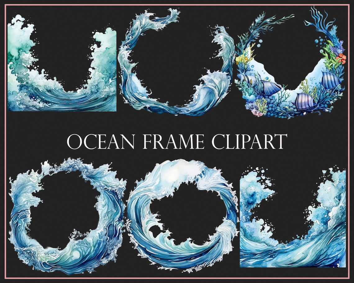 Ocean Frame Clipart, 22 Wave Border Art, Seaside Serenity Frame Clipart ...