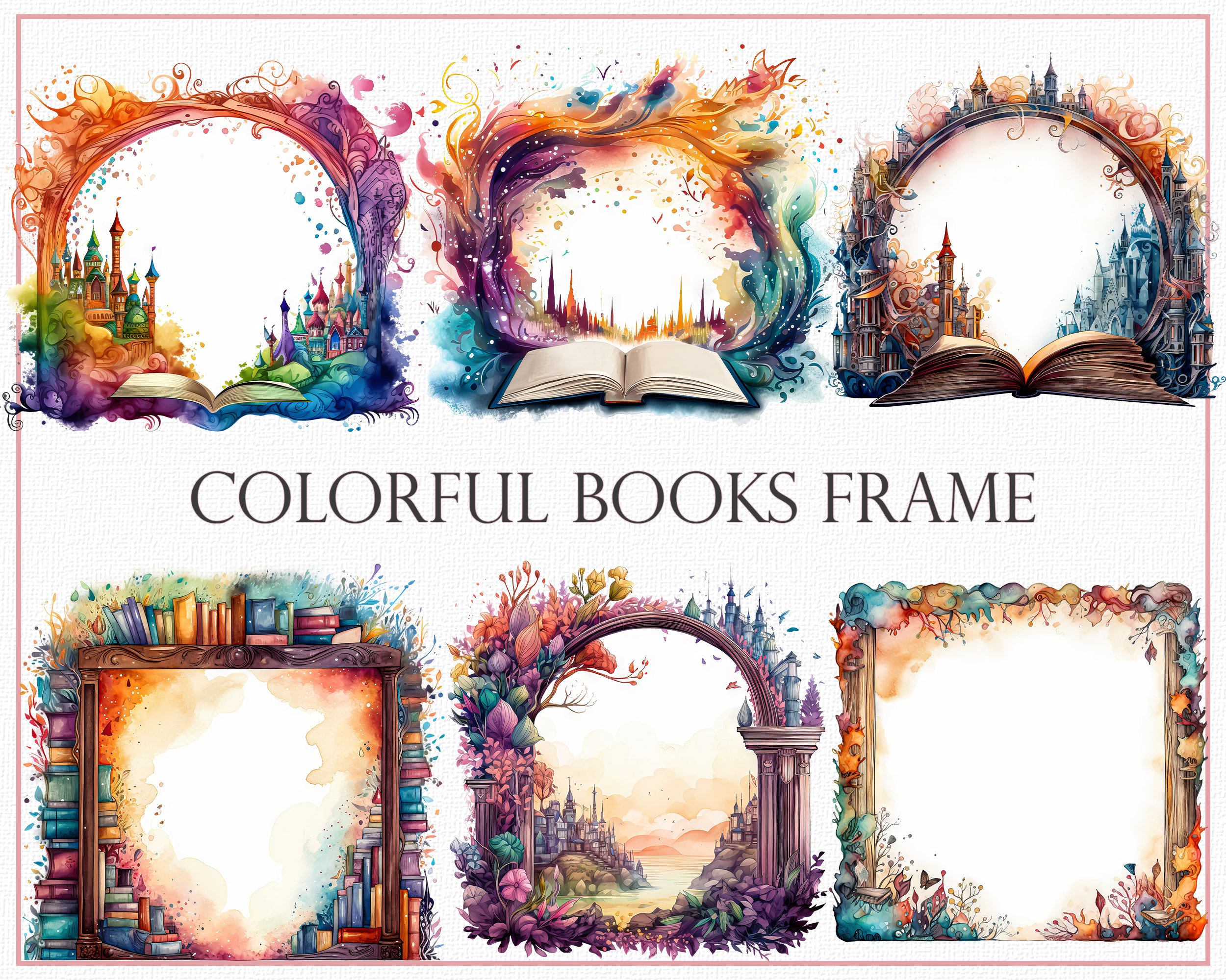 Colorful Book Frame Clipart Collection, Whimsical Bookish Frames ...