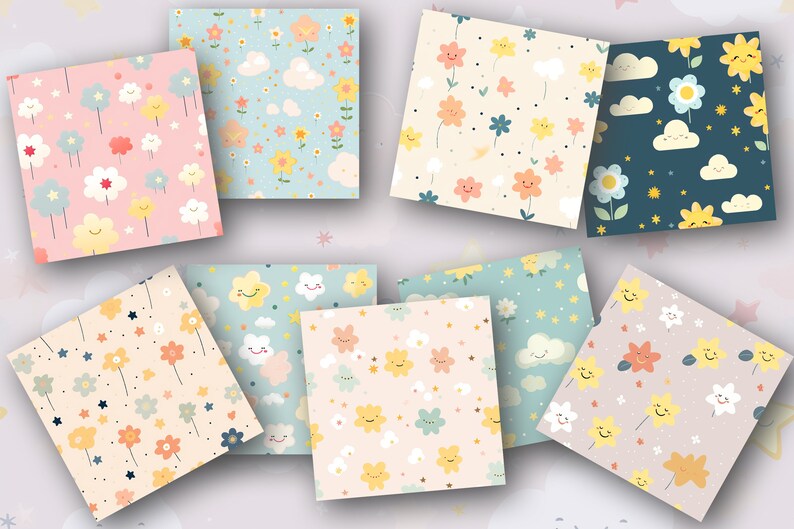 Colorful and Cute Flower and Cloud Characters - 35 Seamless Digital ...