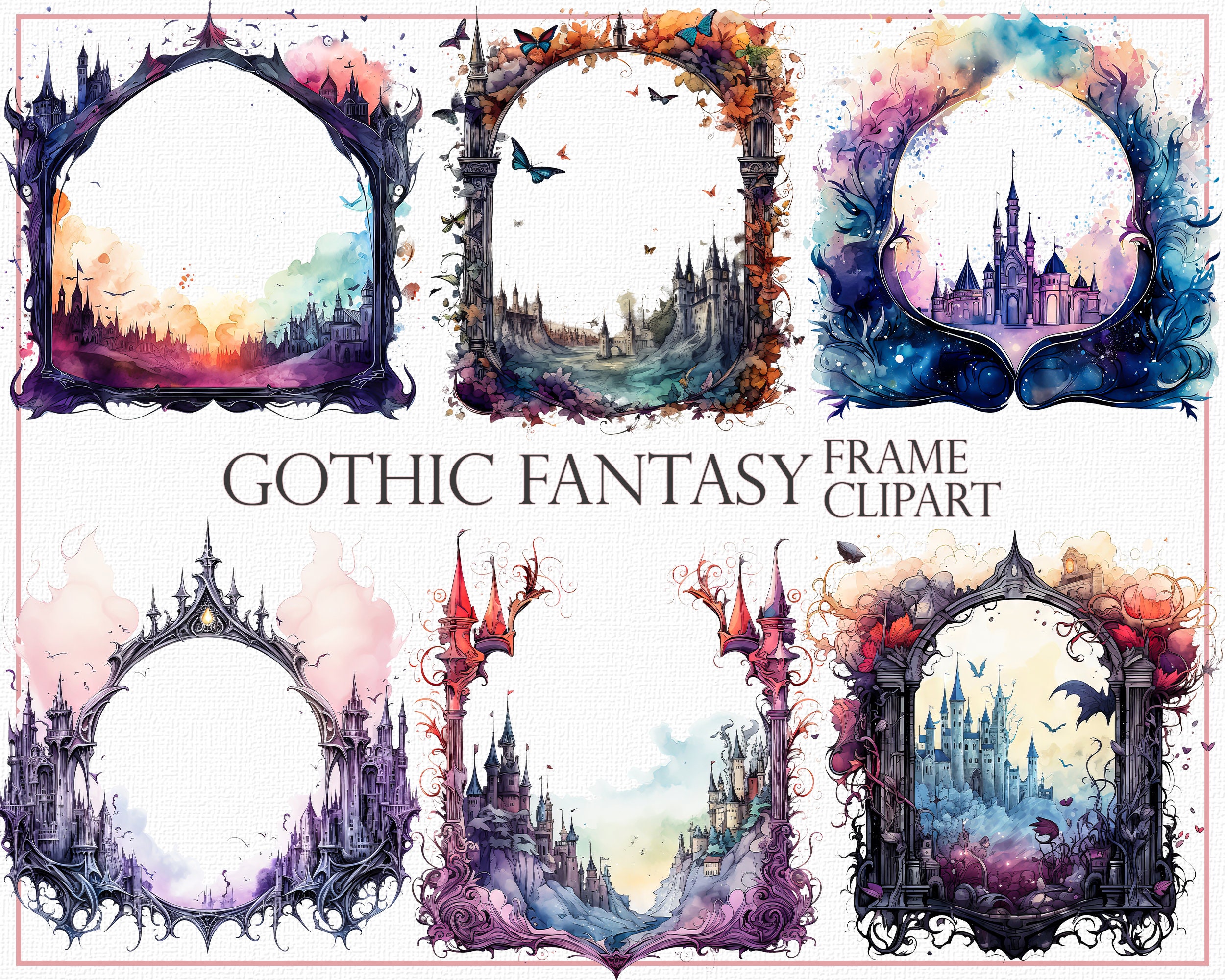 Gothic Fantasy Frame Clipart, 24 Intricate Designs & Dark Elegance, Mystical Gothic Elements ...
