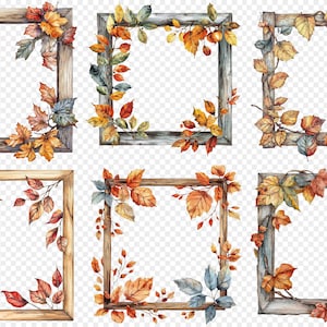Autumn Leaves and Wood Frame 28 PNG Bundle, Fall Watercolor Border ...