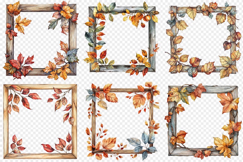 Autumn Leaves and Wood Frame 28 PNG Bundle, Fall Watercolor Border ...