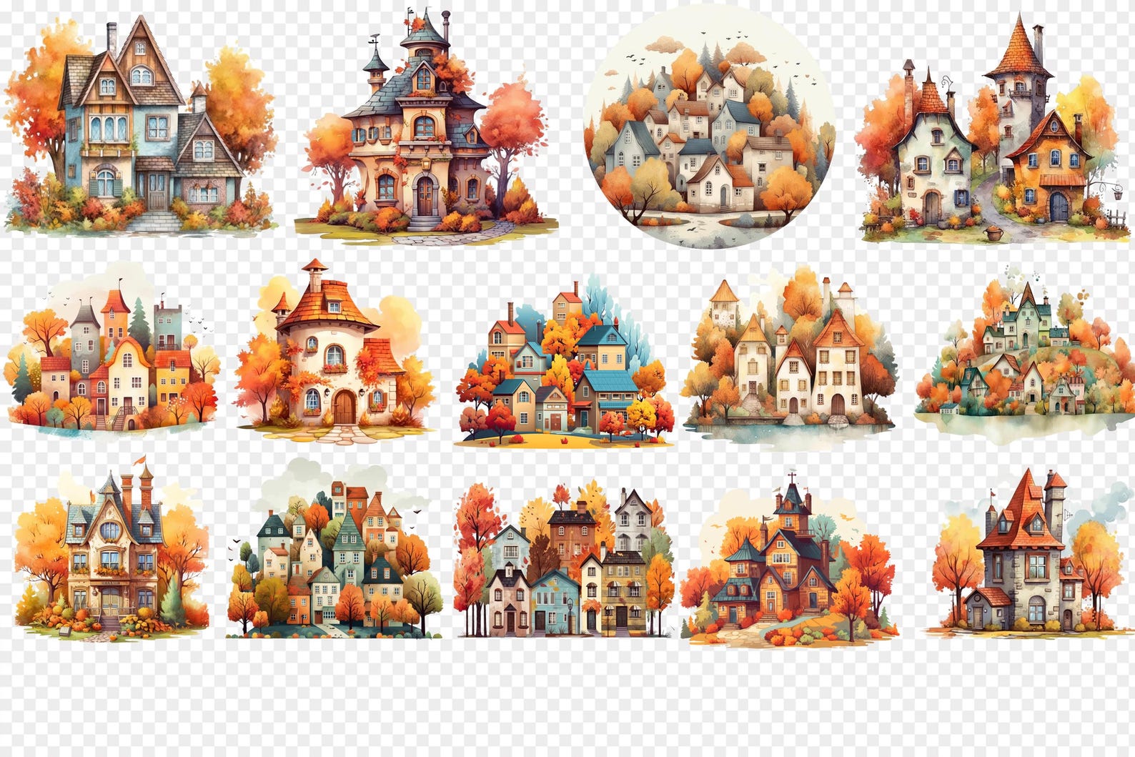 Autumn Villages House Watercolor Clipart, 74 Cozy Fall Cottage ...