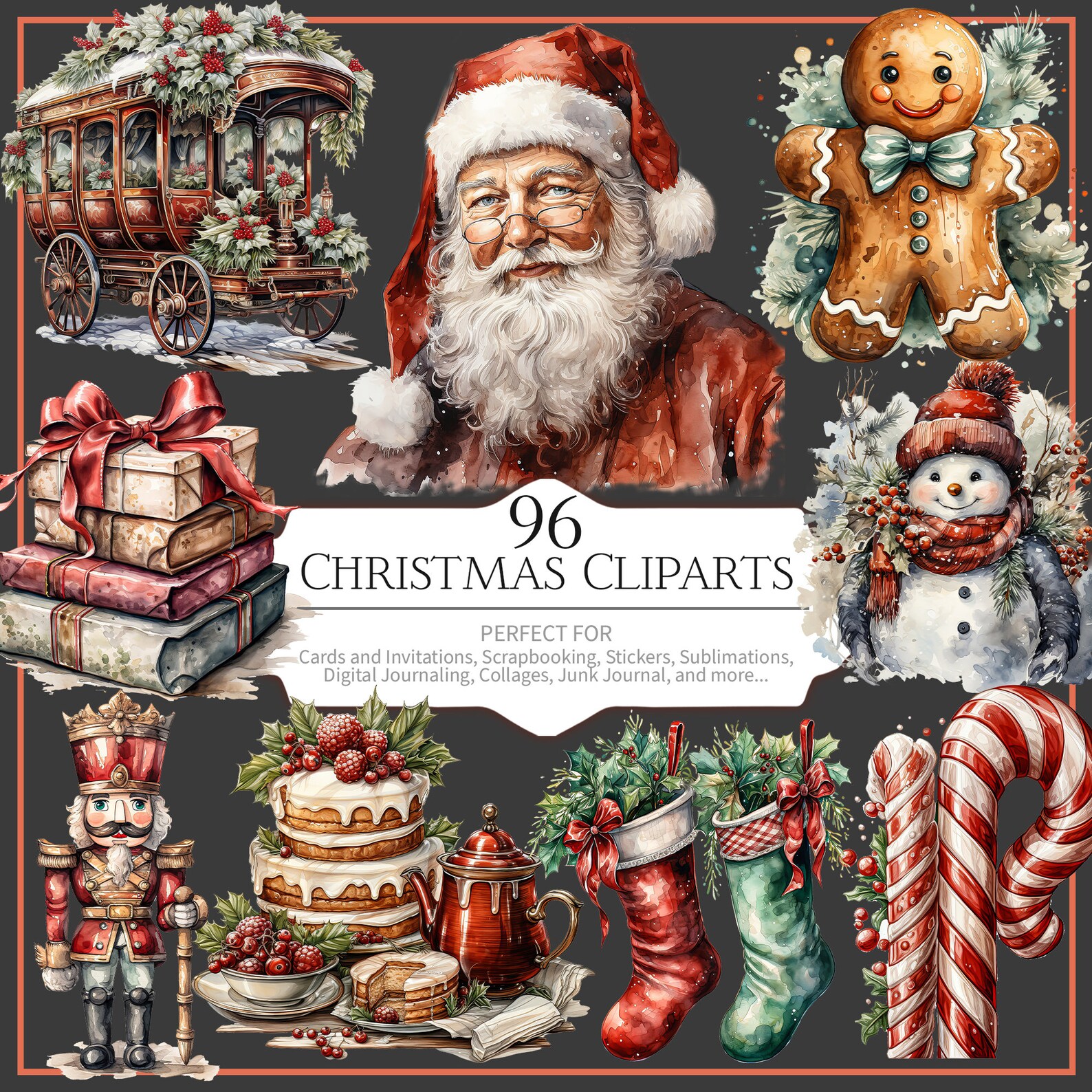 Watercolor Christmas Clipart Set – 96 Holiday PNG Images (digital ...