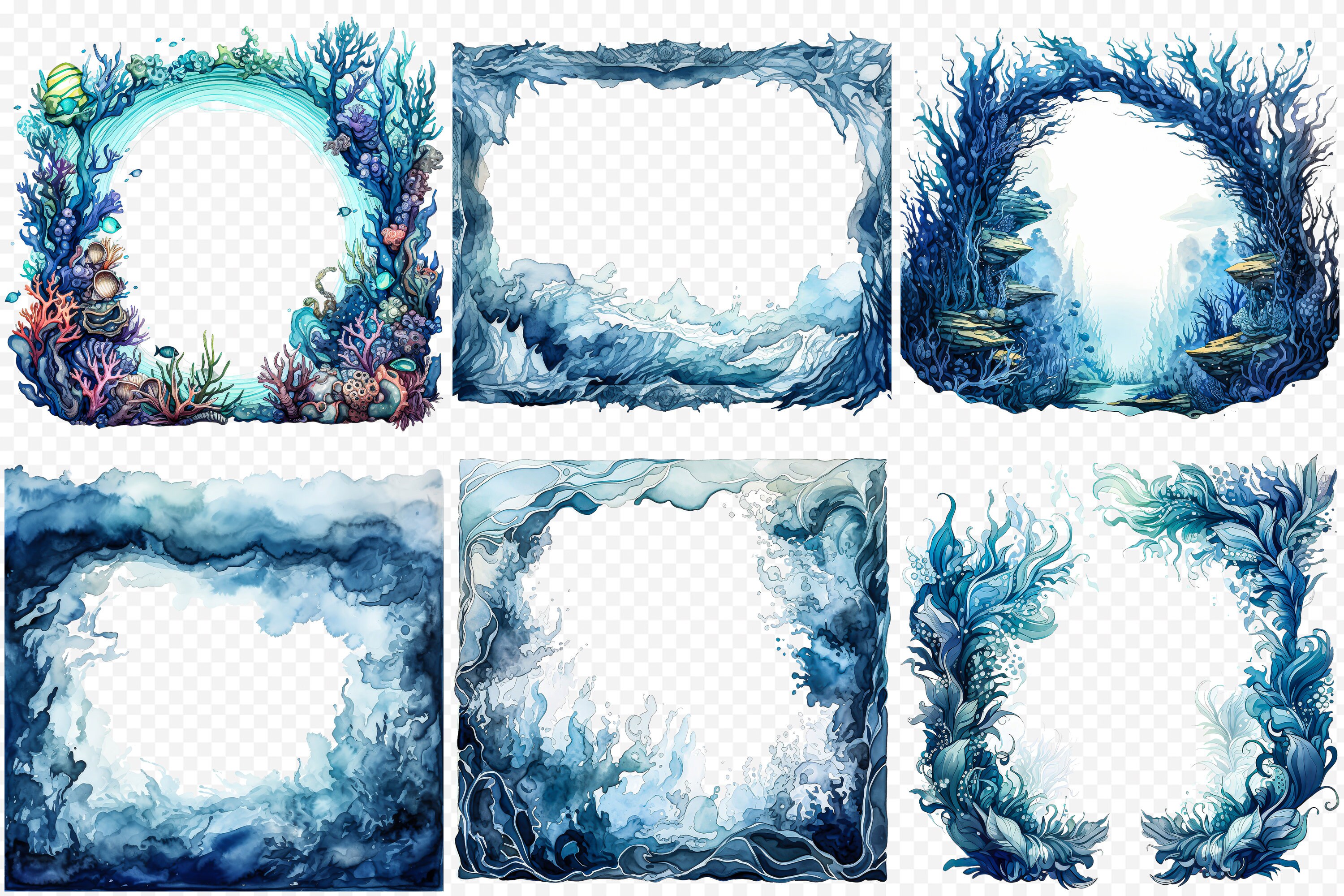 Deep Blue Abyss Frame Clipart | 30 High-quality PNG Ocean Frames for ...