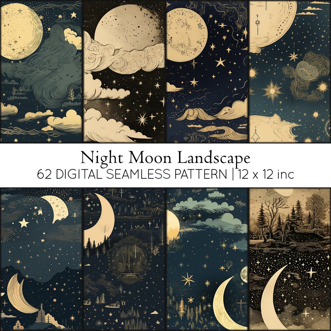 62 Night Moonscape Digital Paper, Repeating Pattern, Home Decoration ...