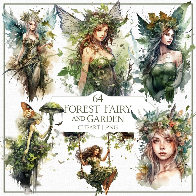 Watercolor Forest Fairy Clipart Bundle | 64 PNG Garden Elements ...