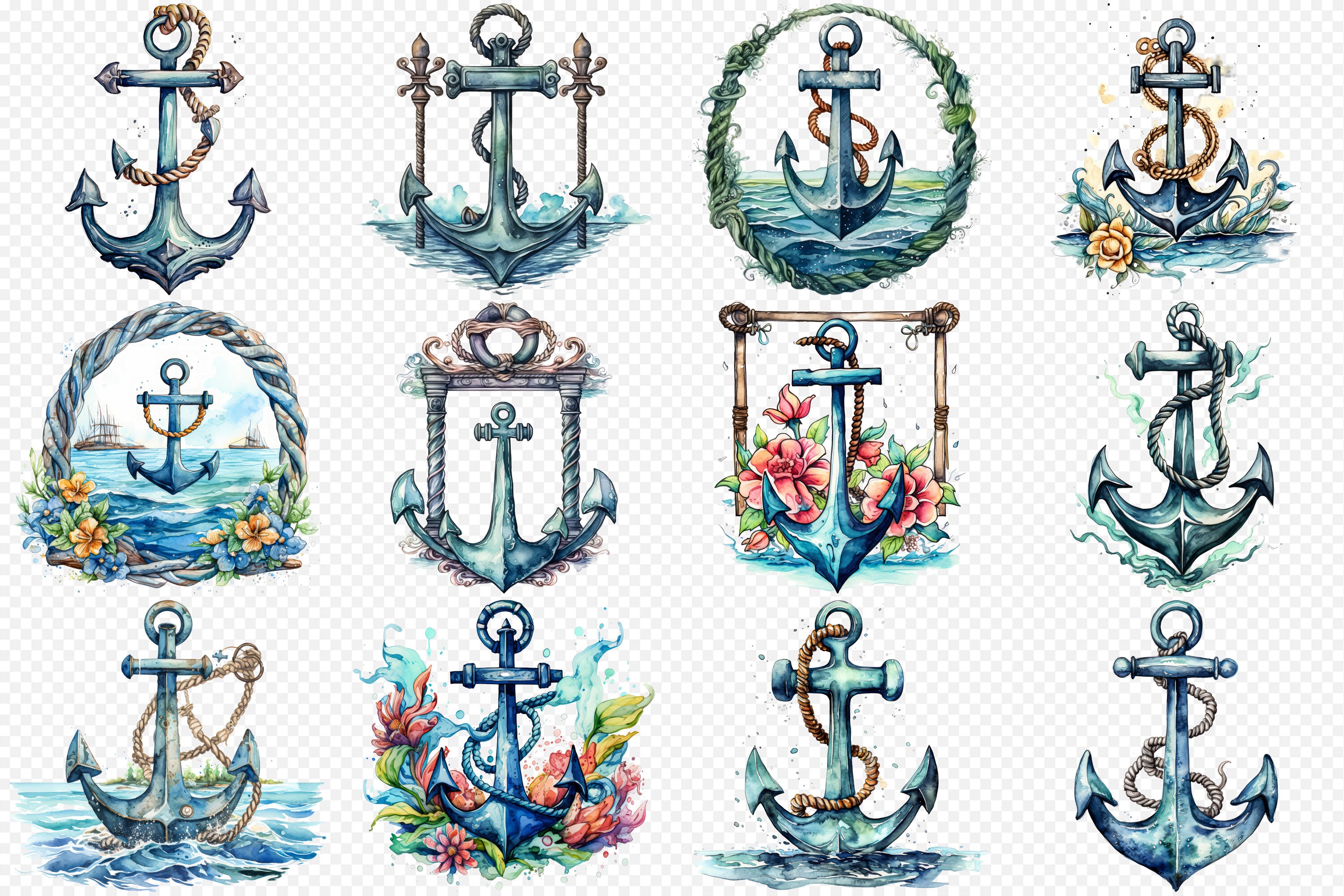Nautical Anchor Clipart Set, 46 Marine Theme Digital Graphics, Ocean ...
